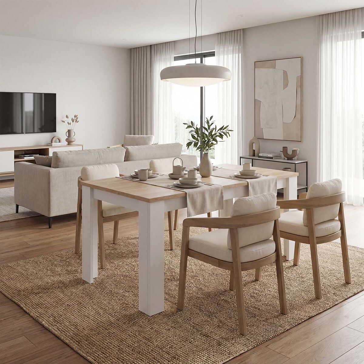 Mesa de comedor extensible en blanco artik y roble canadian 140-190x90 ...