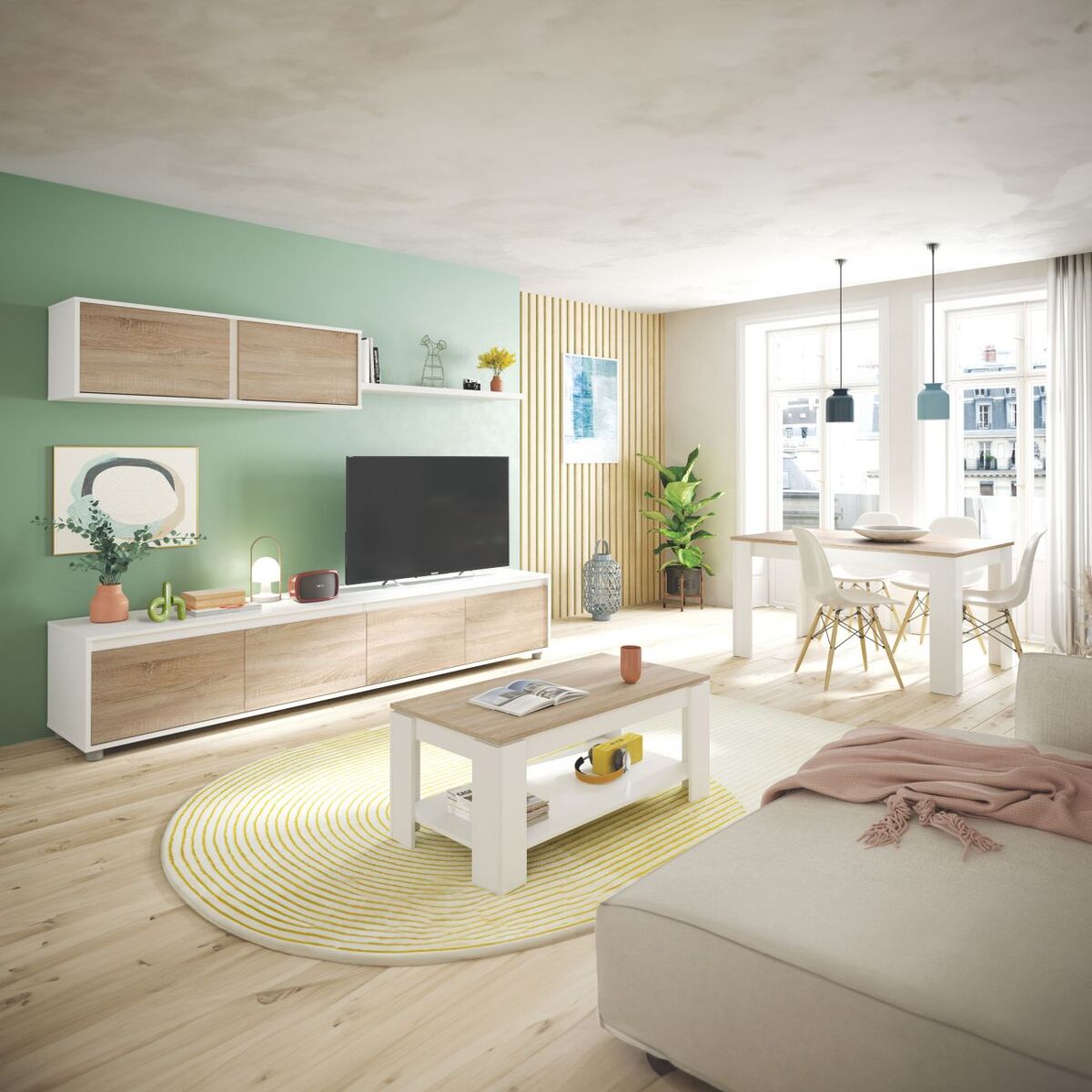 Mesa de comedor extensible blanco mate y roble canadian 140-190x90 cm ...