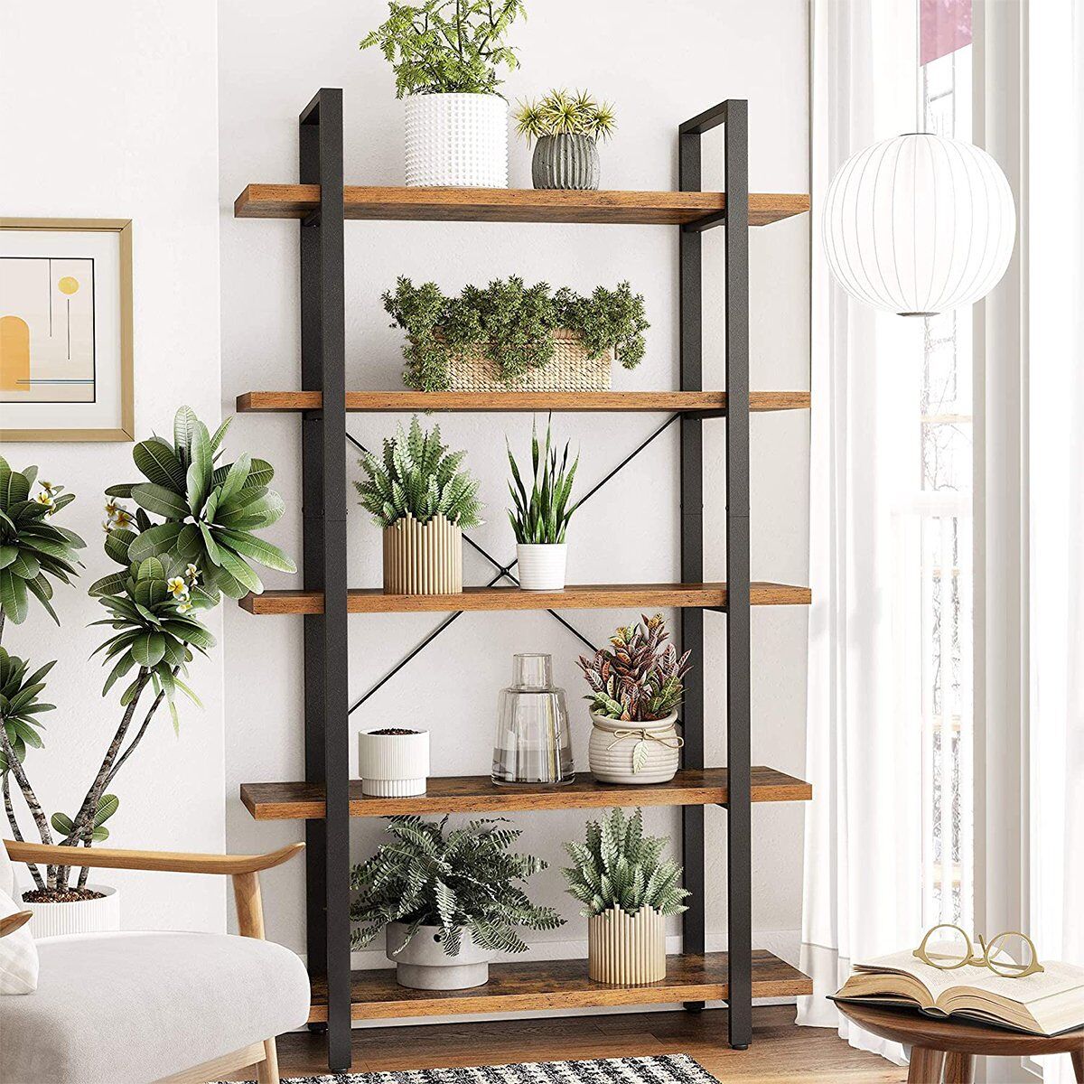 Biblioteca de 5 niveles en metal y efecto madera - L105 x 177,5 cm ...